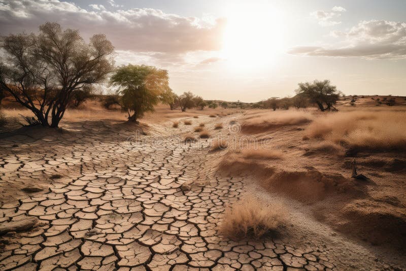 Drought-stricken Landscape, with Cracked Earth and Dried Vegetation ...