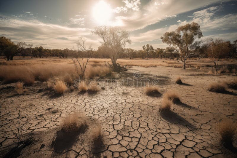 Drought-stricken Landscape, with Cracked Earth and Dried Vegetation ...