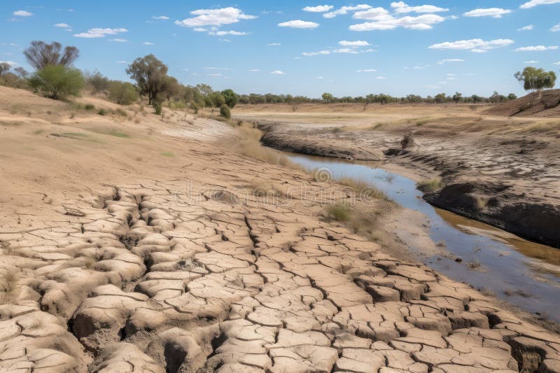Drought-stricken Landscape with Dried Out Riverbed and Cracked Earth ...