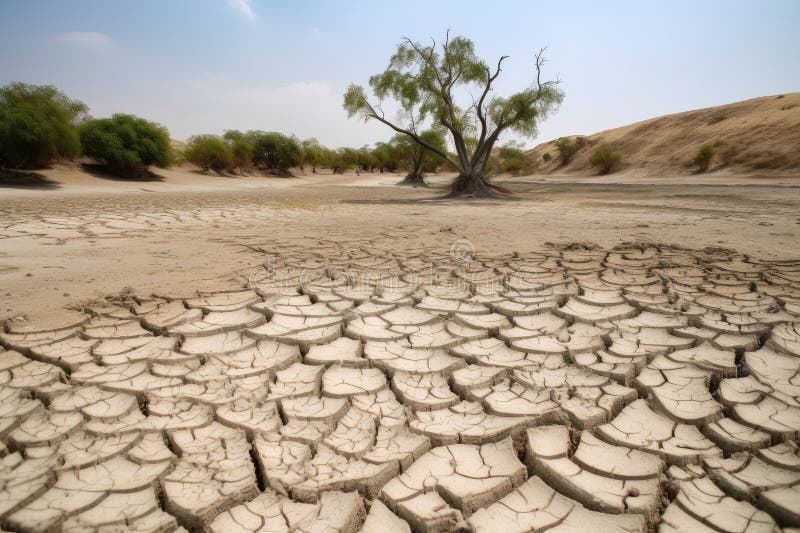 Drought-stricken Landscape with Dried Out Riverbed and Cracked Earth ...