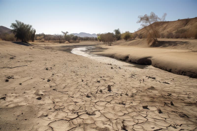 Drought-stricken Landscape, with Dried Riverbed and Barren Fields Stock ...