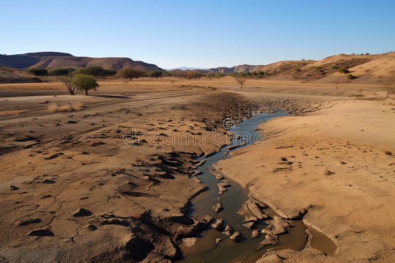 Drought-stricken Landscape, with Dried Riverbed and Barren Fields Stock ...