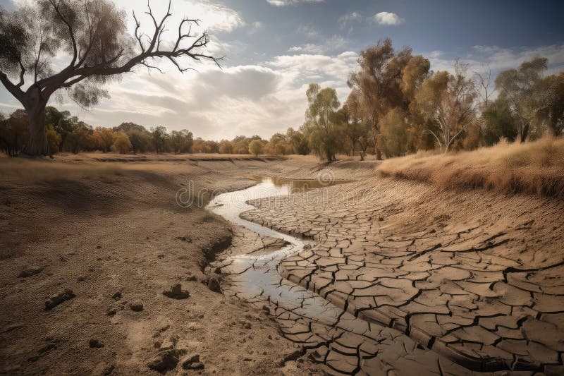 Drought-stricken Landscape with Dried Up River and Cracked Earth Stock ...