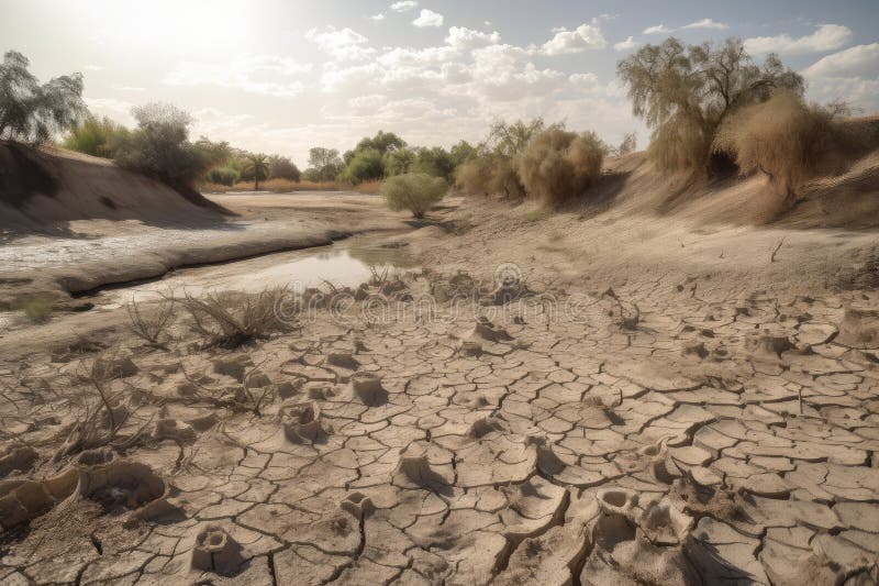 Drought-stricken Landscape with Dried-up Riverbed and Cracked Earth ...