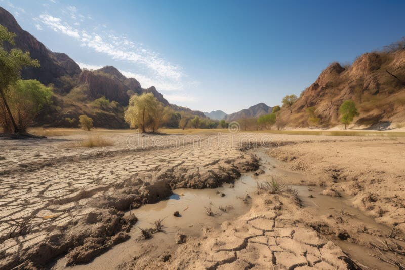 Drought-stricken Landscape with Dried-up Riverbed and Cracked Earth ...