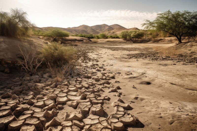 Drought-stricken Landscape with Dried-up Riverbed and Cracked Earth ...