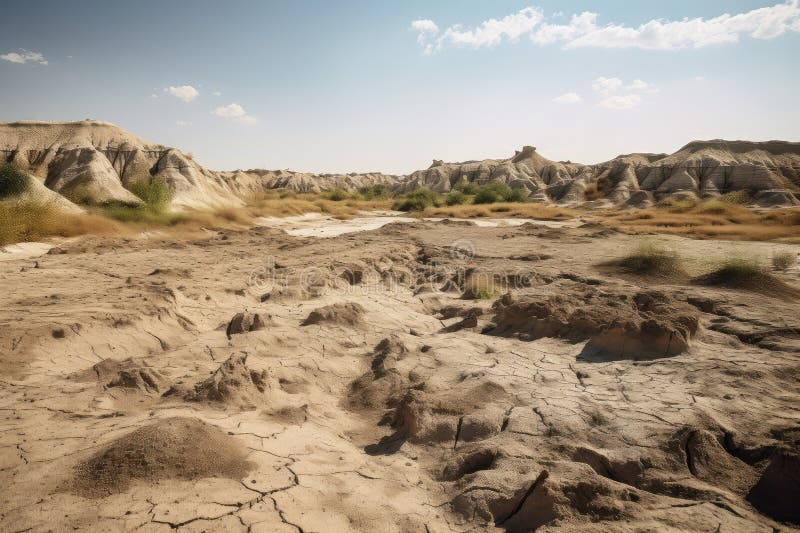 Drought-stricken Landscape with Dried-up Riverbed and Cracked Earth ...