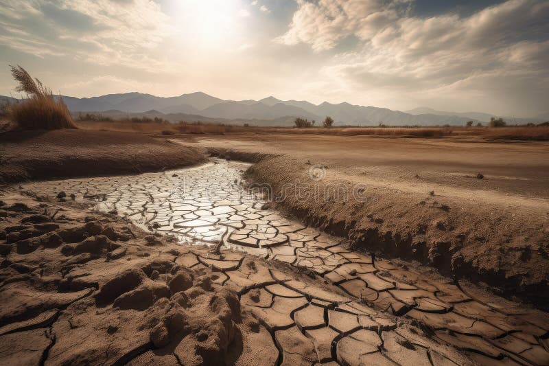 Drought-stricken Landscape with Dried-up Riverbed and Cracked Earth ...