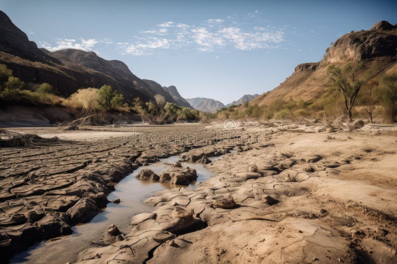 Drought-stricken Landscape with Dried-up Riverbed and Cracked Earth ...
