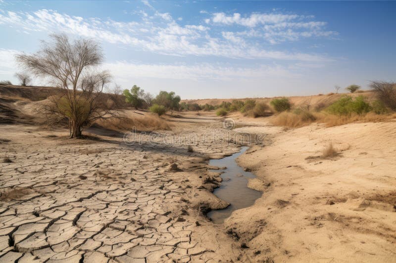 Drought-stricken Landscape, with Dry Riverbed and Parched Fields Stock ...