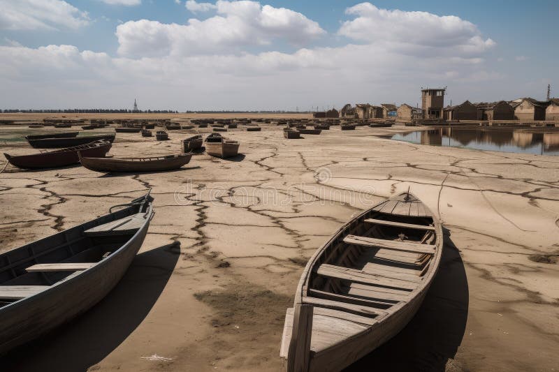 Drought-stricken Town, with Dried Up Lake and Empty Boats Stock ...