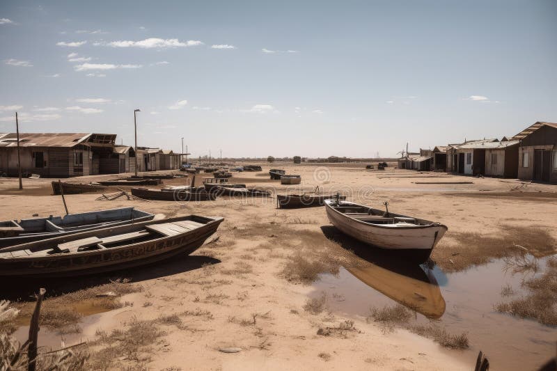 Drought-stricken Town, with Dried Up Lake and Empty Boats Stock ...