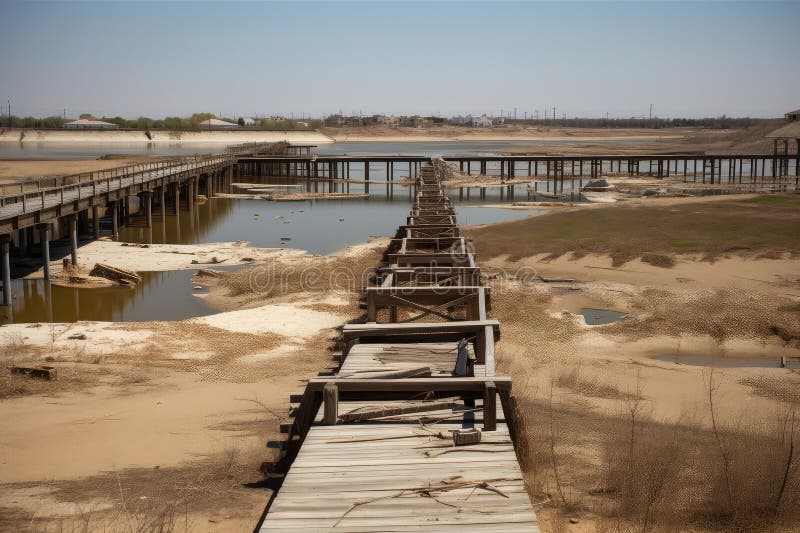 Drought-stricken Town, with Dried Up Lake and Empty Pier Stock ...