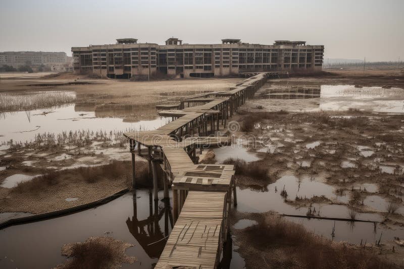 Drought-stricken Town, with Dried Up Lake and Empty Pier Stock ...