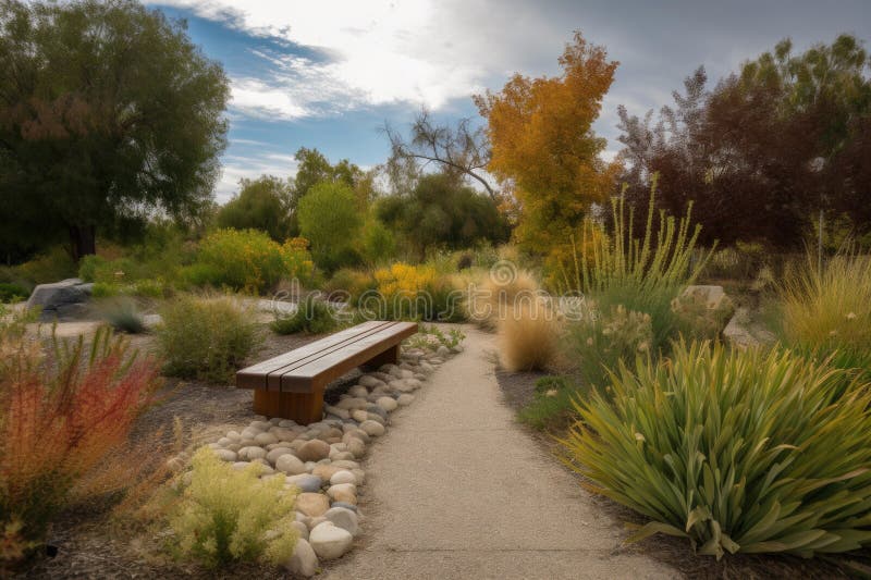 Drought-tolerant and Native Plant Garden with Bench and Water Feature ...