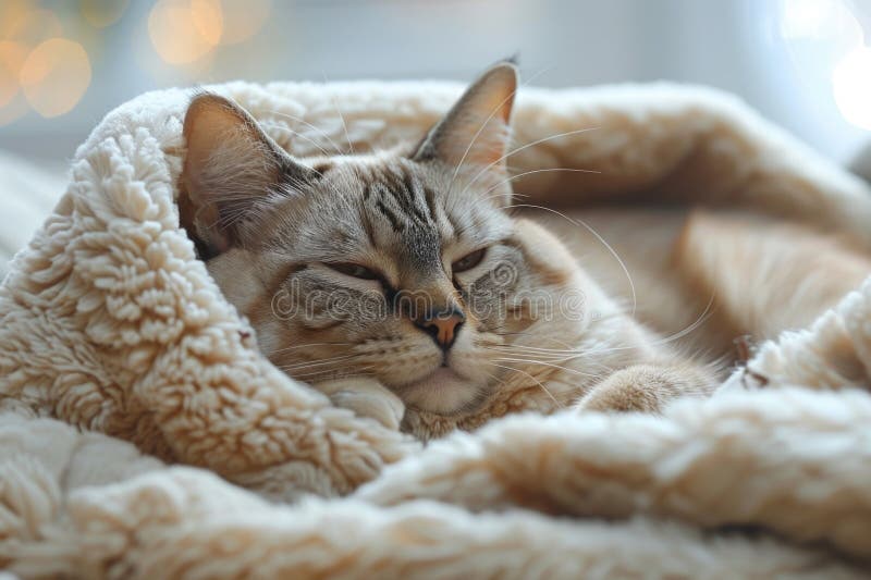 A Drowsy Cat Enveloped in a Plush Cream-colored Blanket. Stock Photo ...