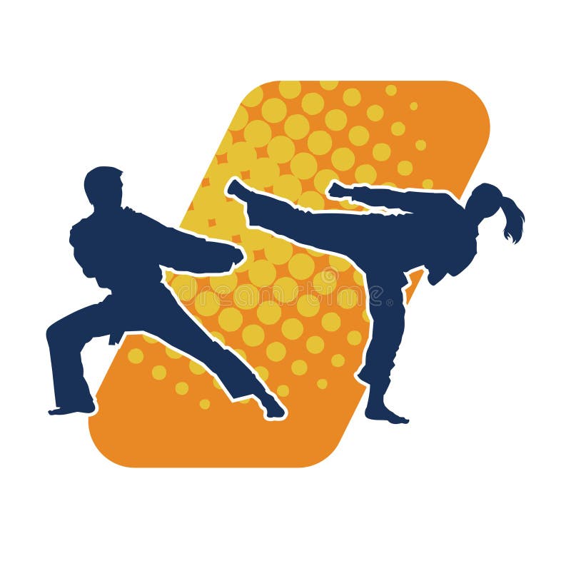 Silhouette of Male and Female Martial Art Person in Duel Action Pose ...