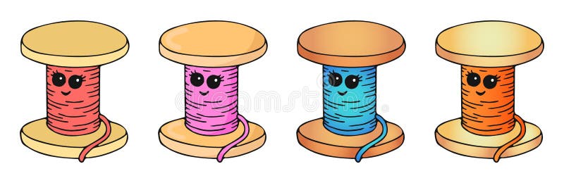 Set of Hand Drawn Cute Smiling Kawaii Spools of Thread in Different ...