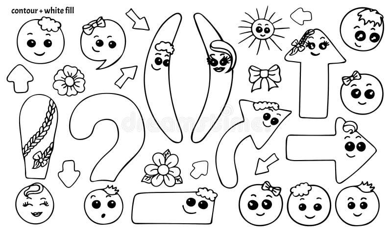 Set of Hand Drawn Cute Smiling Kawaii Punctuation Marks in Doodle Style ...