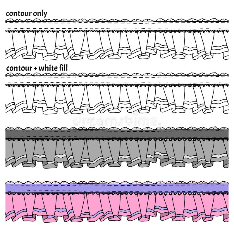Set of Hand Drawn Seamless Border with Ruffles, Frills, Ribbon and Lace ...