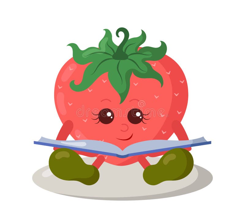 Cute Kawaii Strawberry Reading Book in Doodle Style with Shadows Stock ...