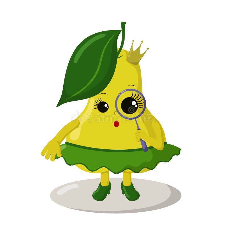 Cute Surprised Kawaii Pear Princess with Magnifying Glass, Crown, Skirt ...