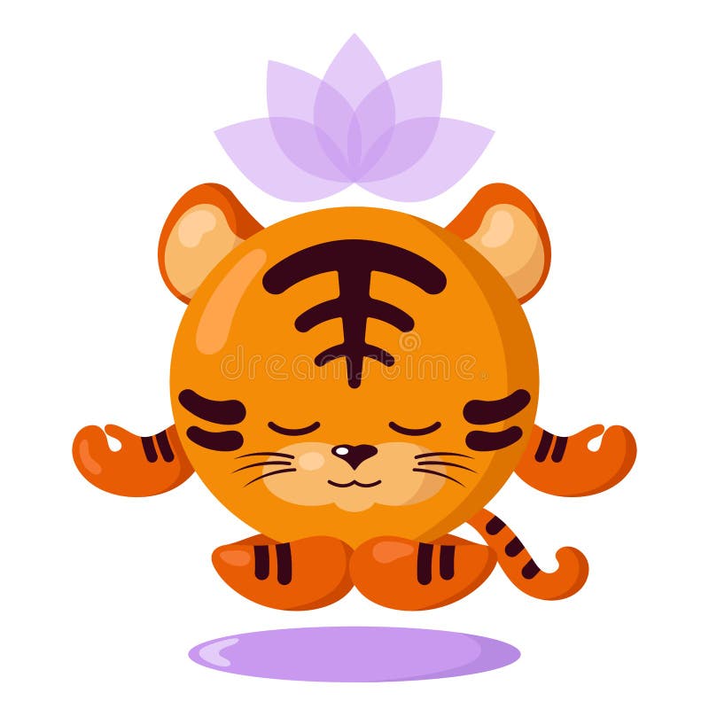 Funny Cute Kawaii Meditating Tiger with Lotus Flower Over Head and ...