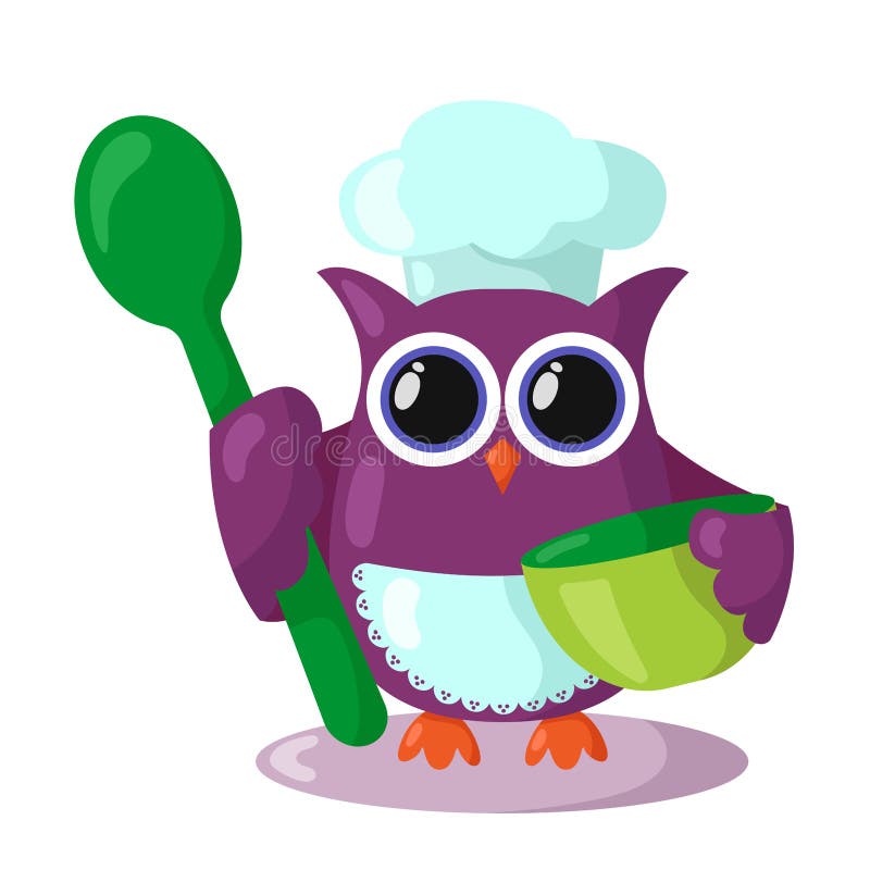 Funny Owl Cook with Spoon and Salad Bowl in Flat Design with Shadows ...