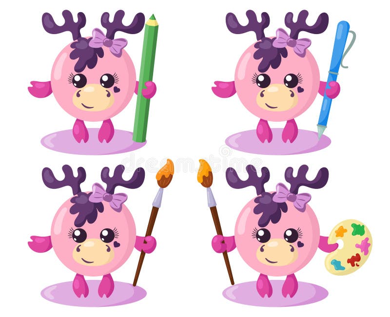 Set of Funny Cute Kawaii Moose or Deer with Round Body, Pencil, Pen ...