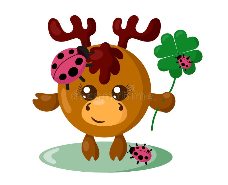 Funny Cute Smiling Moose or Deer with Round Body and Ladybugs Holding ...