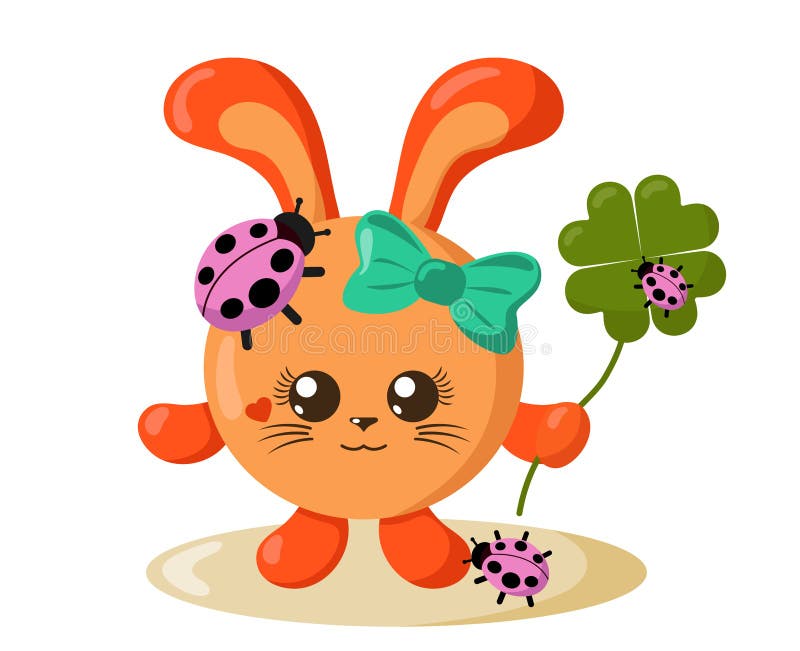 Funny Cute Smiling Hare or Rabbit with Round Body and Ladybugs Holding ...