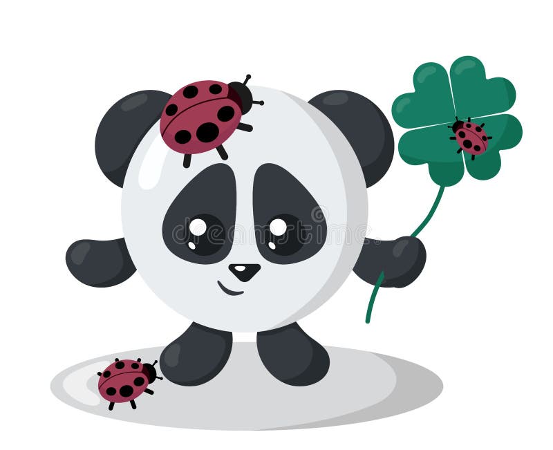 Funny Cute Smiling Panda with Round Body and Ladybugs Holding Four Leaf ...