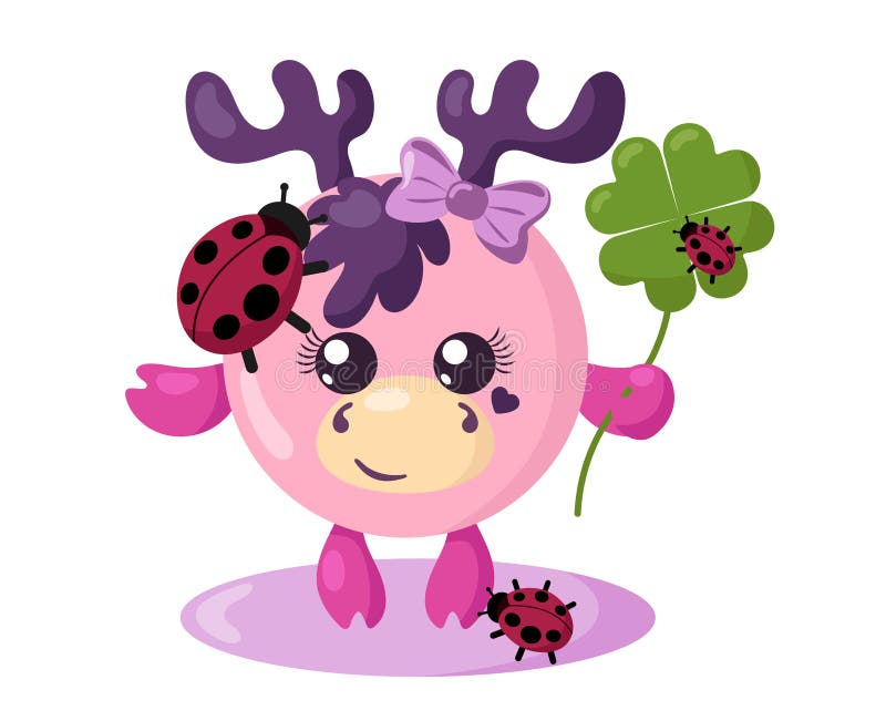 Funny Cute Smiling Moose or Deer with Round Body and Ladybugs Holding ...