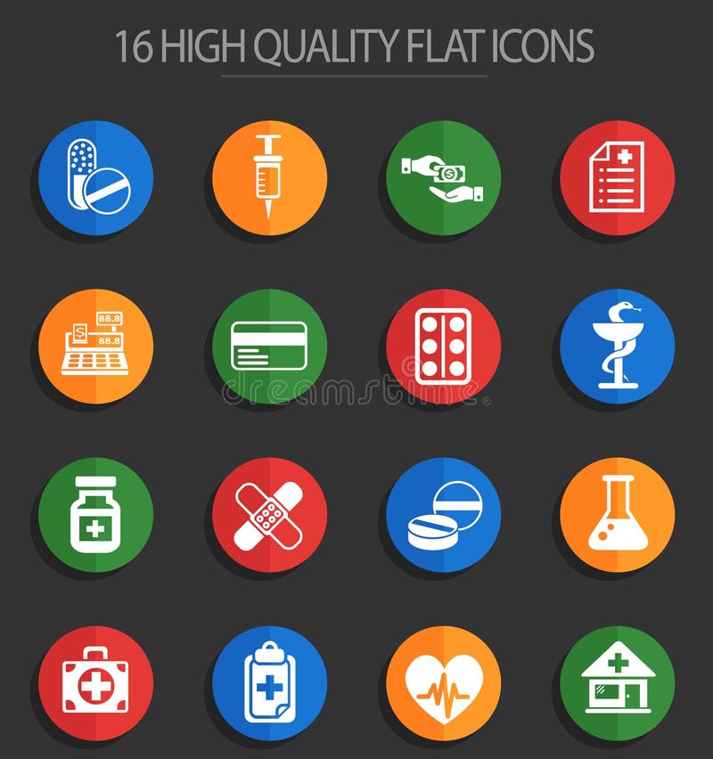 Drug store 16 flat icons stock vector. Illustration of pulse - 122357814