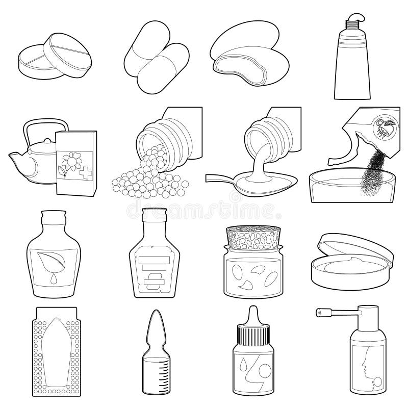 Drug Types Icons Set, Outline Style Stock Vector - Illustration of dose ...