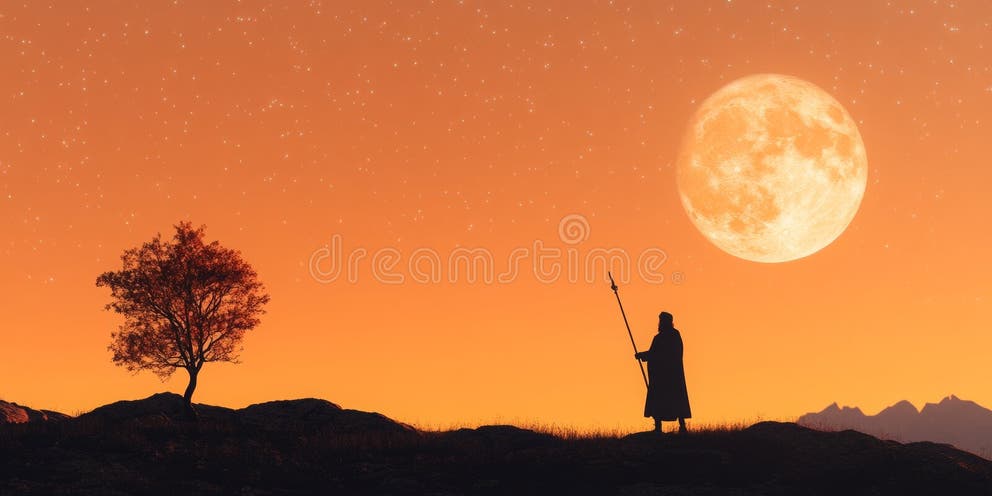 Druidic Ritual Under Full Moon in Tranquil Landscape Stock Illustration ...