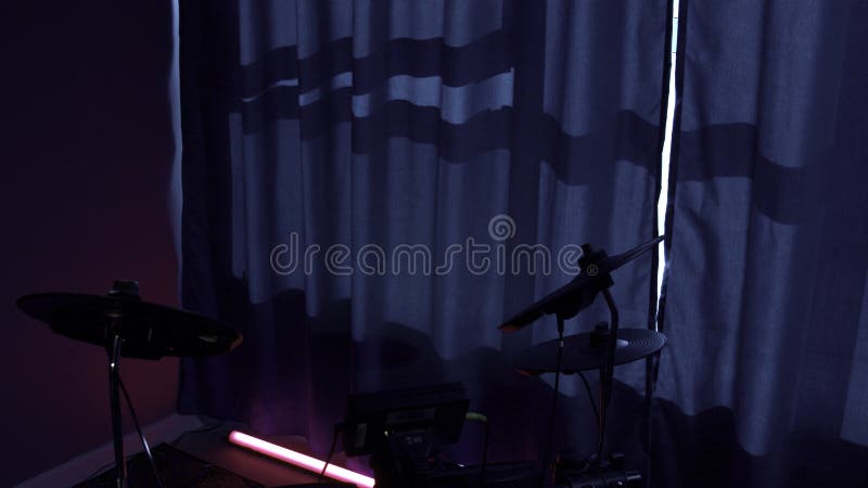 Drum Kit in the Empty Room with Neon Lighting. Media. Musical Instrument in a Recording Studio ...