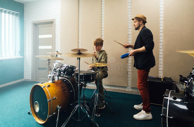 Drum Lesson with a Teacher. Music School. Stock Photo - Image of ...