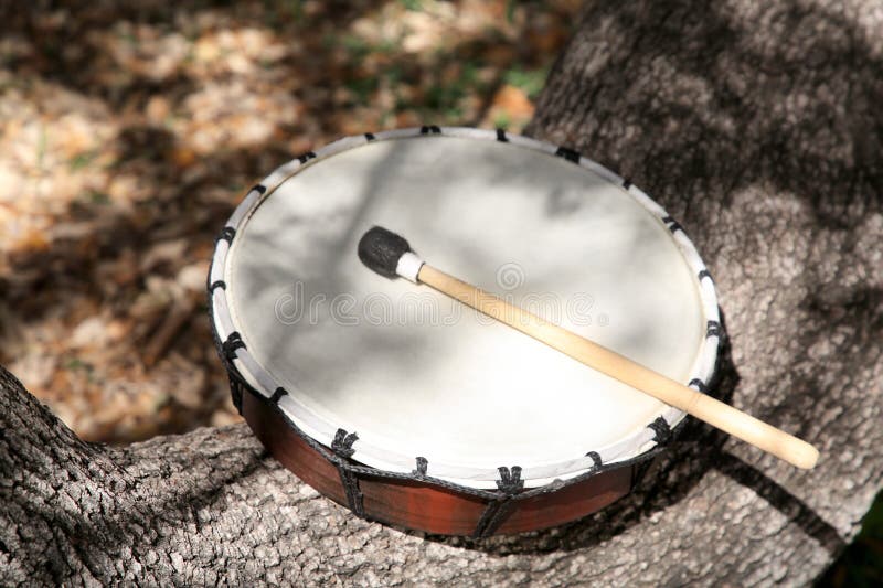 Drum with Mallet on Tree Bark Outdoors. Percussion Musical Instrument ...