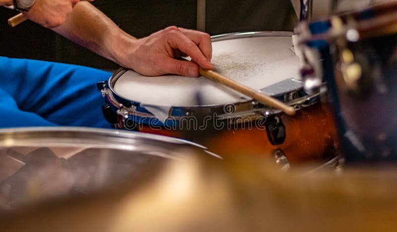 Drum Player, Musician Man Recording Music on Drum Set in Studio. Stock ...