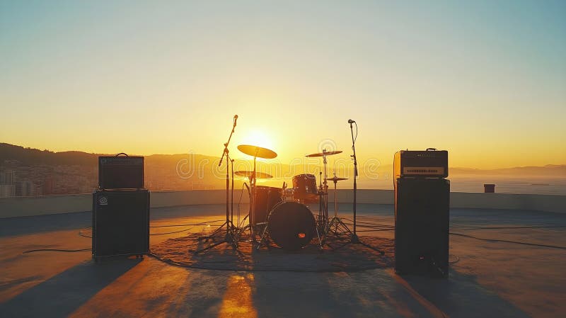 Drum Set and Amplifiers on Rooftop at Sunset, Ready for Live Music ...