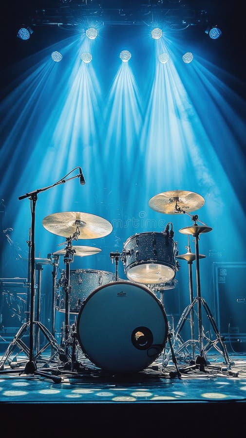 Drum Set Awaiting Drummer on Empty Stage Under Blue Lights Stock Photo ...