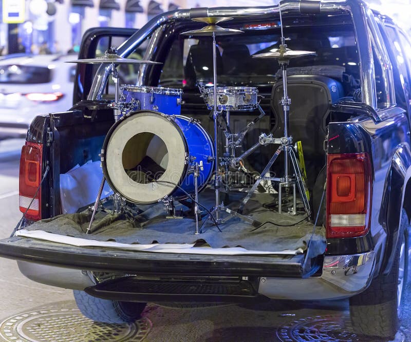 Drum set in the car body stock photo. Image of black - 185639744