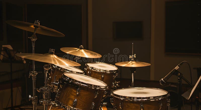 Drum Set with Cymbals and Microphone in Music Studio Setting Stock ...