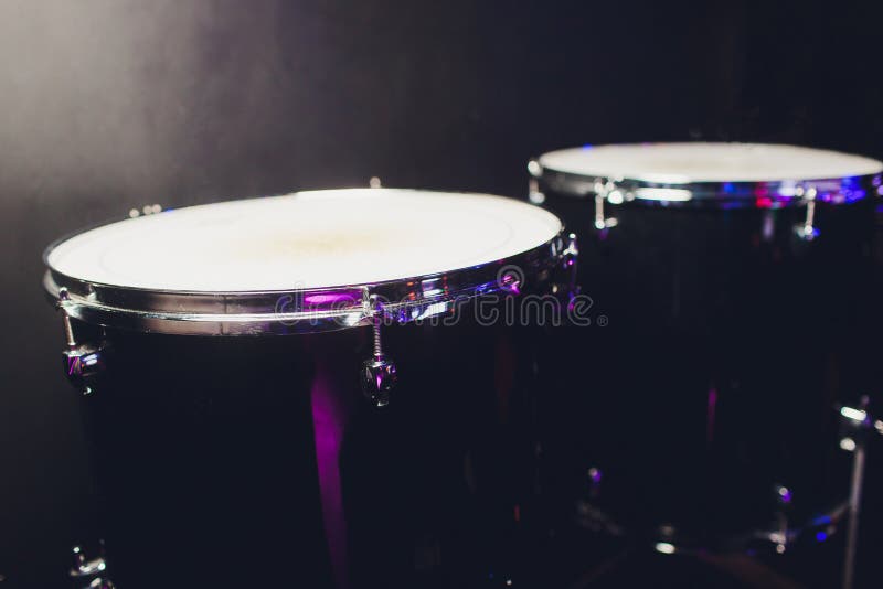 Drum Set on Dark Background. Percussion Instruments at a Concert Stock ...