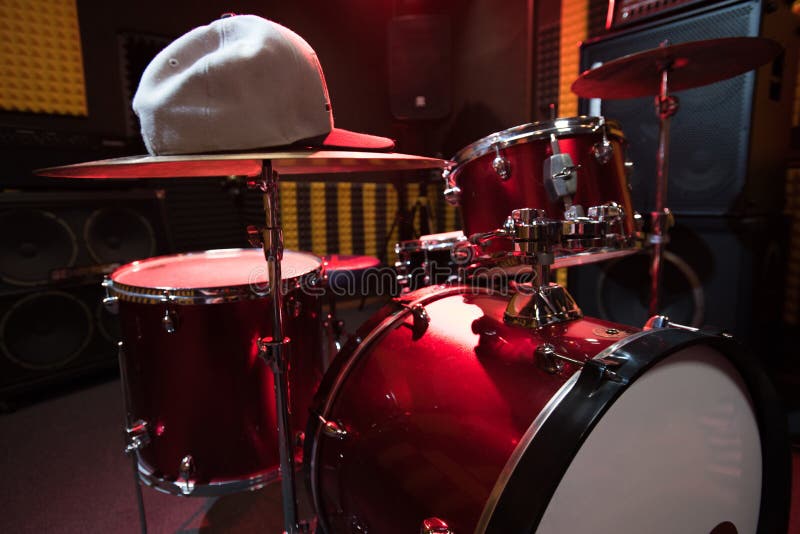 Drum Set in Dark Record Studio Stock Image - Image of song, label ...