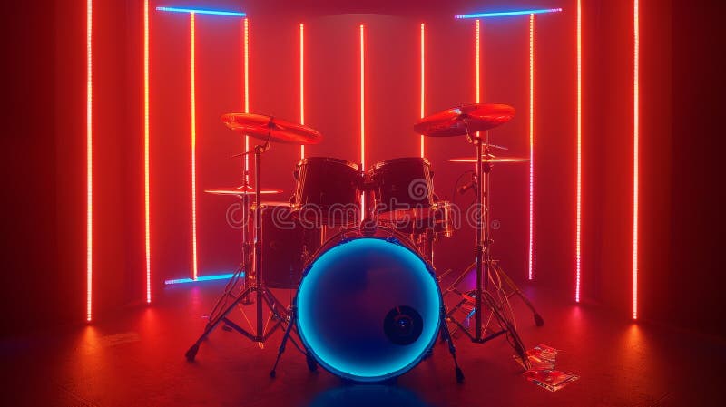 A Drum Set is on Display in a Neon Colored Room Stock Illustration - Illustration of light ...
