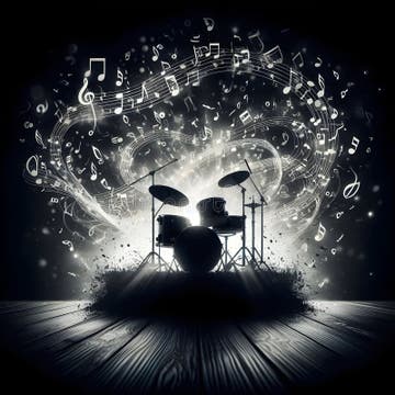 Drum Set Exploding with Musical Notes on a Wooden Stage Stock ...