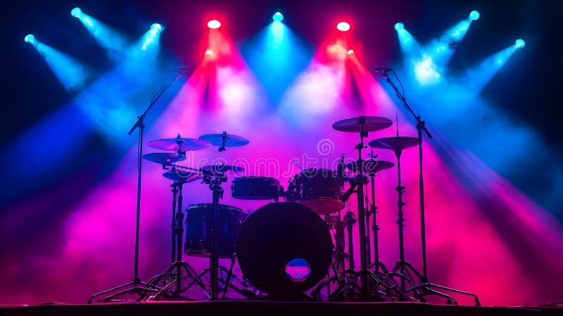 A Drum Set Illuminated by Colorful Stage Lights, Ready for a Live Music ...