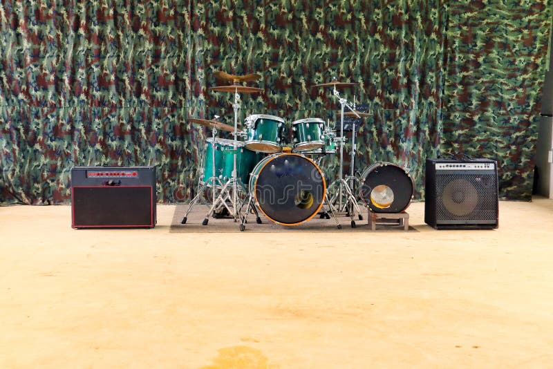 A Drum Set for Musicians Set Up on Stage in the Music Practice Room ...